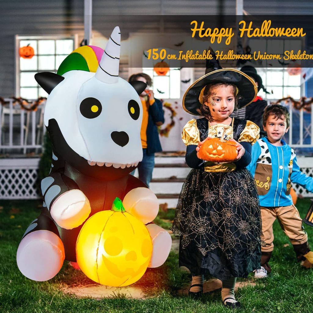1.5m Skeleton Unicorn with Pumpkin Lantern Halloween Inflatable ...